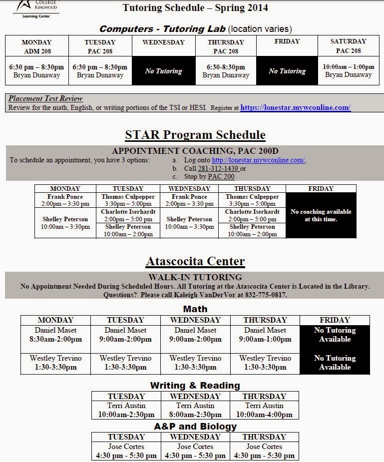 ENGR1304: Tutor schedule