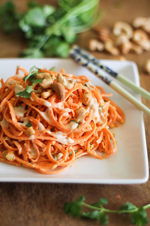#Recipe : Raw Carrot Pasta with Ginger-Lime Peanut Sauce