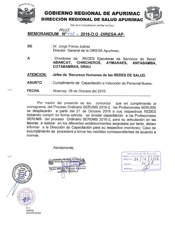 Radiogramas Web: DIRESA APURIMAC: MEMORANDUM N° 448 -2016 -DG-DIRESA-AP ...