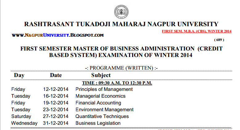 RTMNU FIRST SEM MBA (CBS) TIME TABLE EXAM WINTER 2014