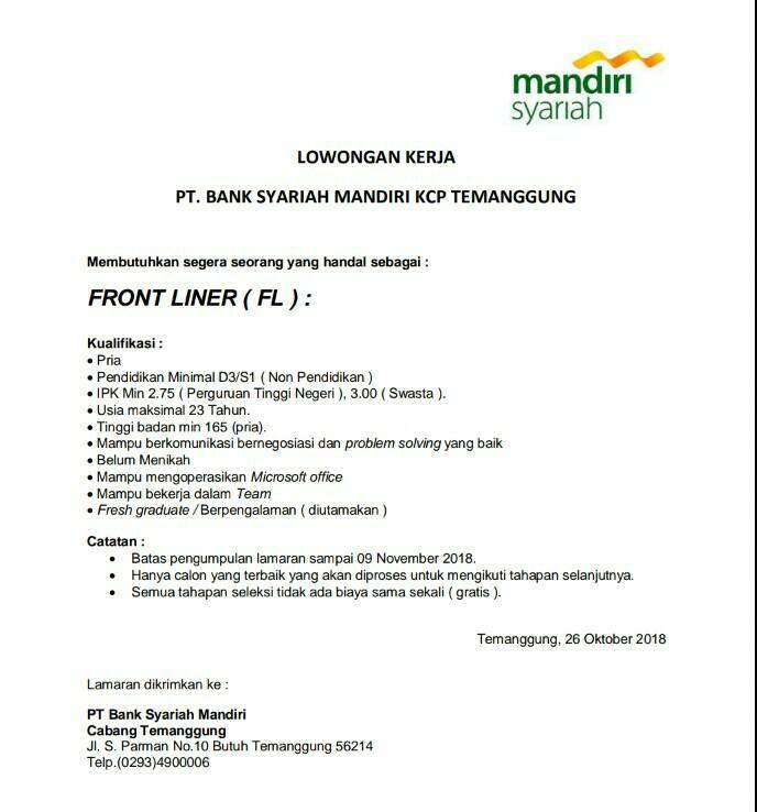 PT Bank Syariah Mandiri - D3, S1 Fresh Graduate Frontliner Mandiri ...