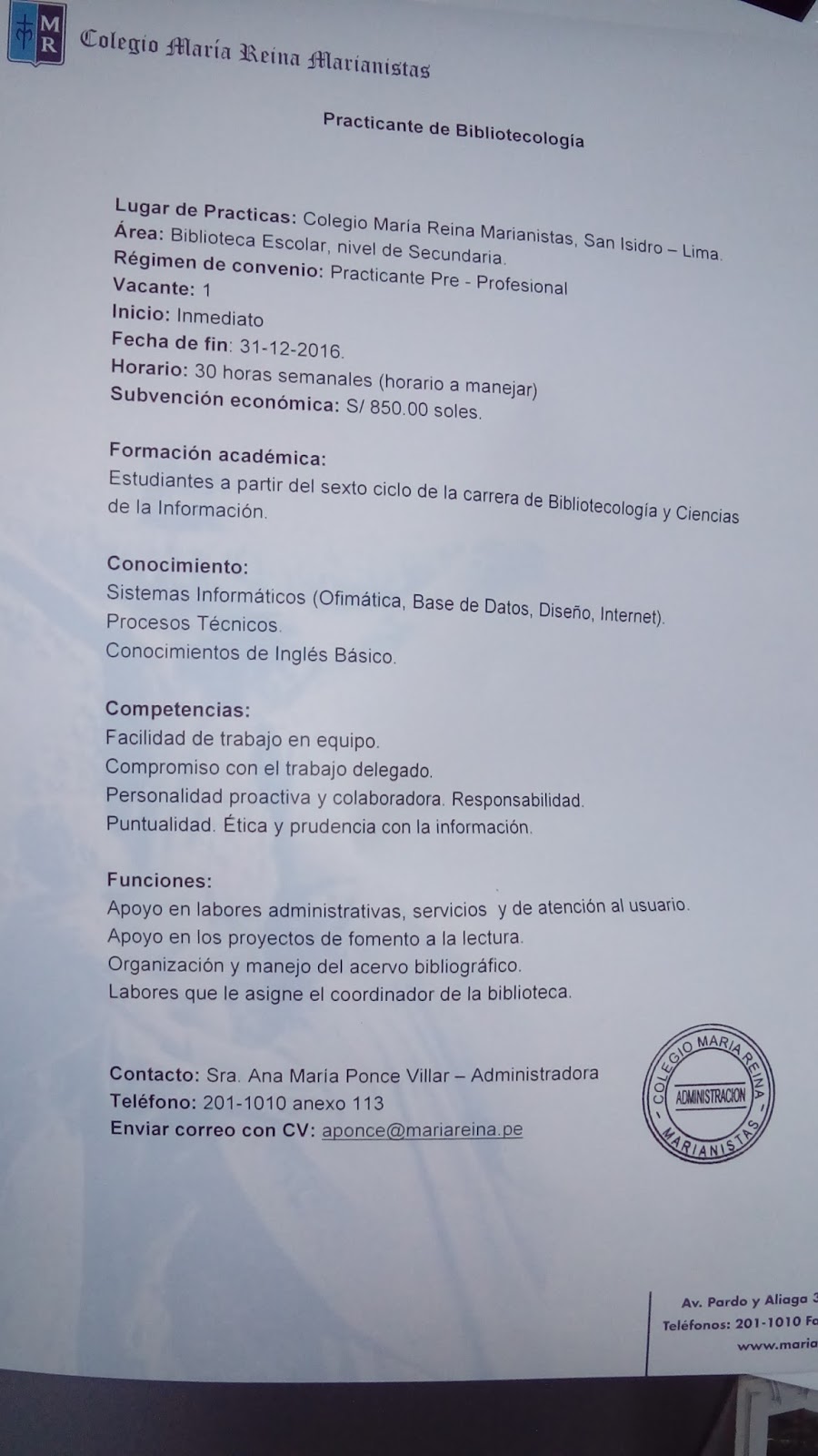 COLEGIO MARIA REYNA ~ ESCUELA PROFESIONAL DE BIBLIOTECOLOGÍA Y CIENCIAS ...