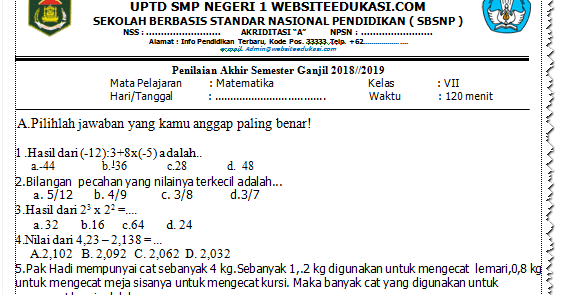 Soal Pas/ Uas Matematika Kelas 7 K13 Tahun 2018/2019 - website edukasi guru