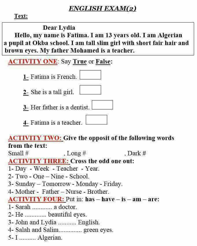 Exampls of tests & exams english language 1AM