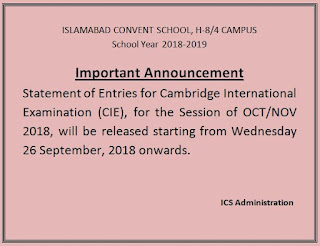 Islamabad Convent School H-8/4 Campus: Statement of Entries for ...