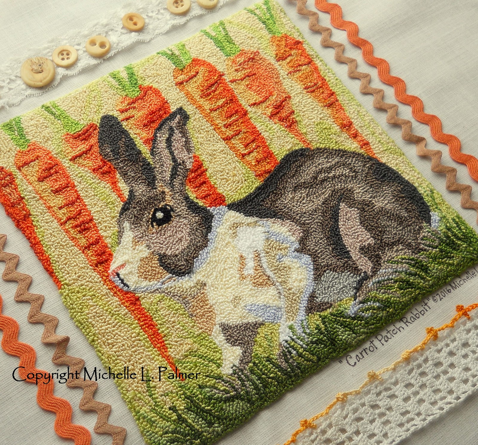 Michelle Palmer: Punch needle Carrot Patch Rabbit and Lilac~