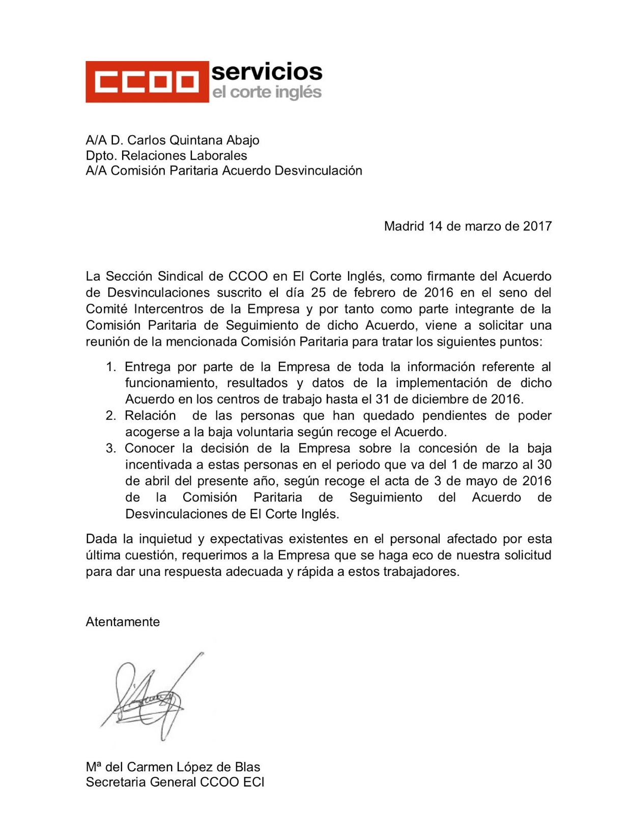 Ccoo El Corte InglÉs Infocorty Acuerdo De DesvinculaciÓn