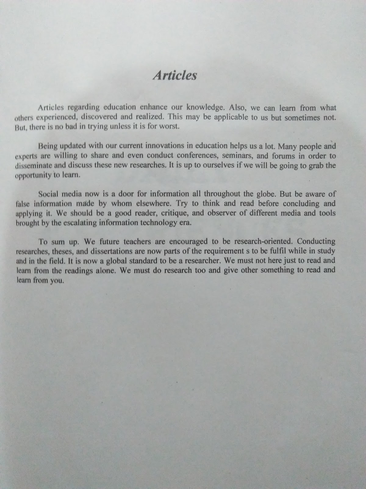 Title and Brief synopsis of Professional Readings and References