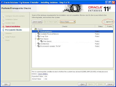 Oracle 11gR2 Installation Prerequisite Checks Failed on Windows XP