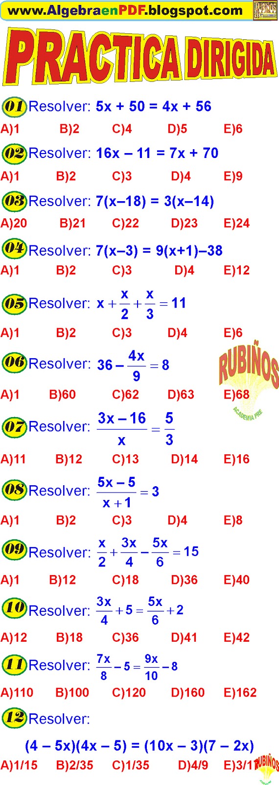 ECUACIONES DE PRIMER GRADO PROBLEMAS RESUELTOS DE ÁLGEBRA RUBIÑOS PDF