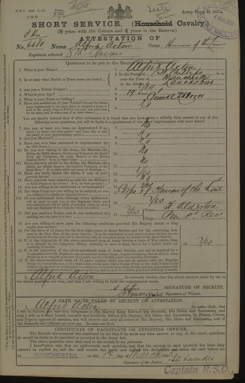 Army Forms & Attestations: Army Form B.267A - cavalry attestation