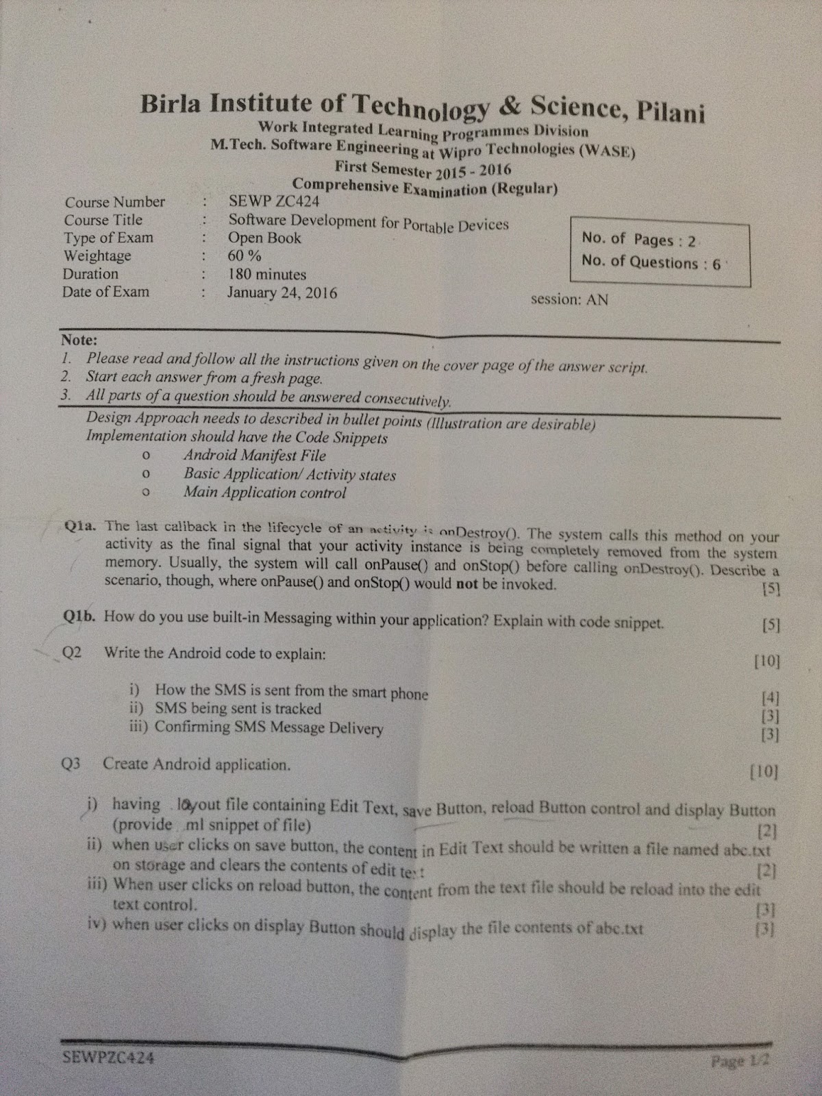 World and Knowledge: Question Paper: Software Development for Portable ...