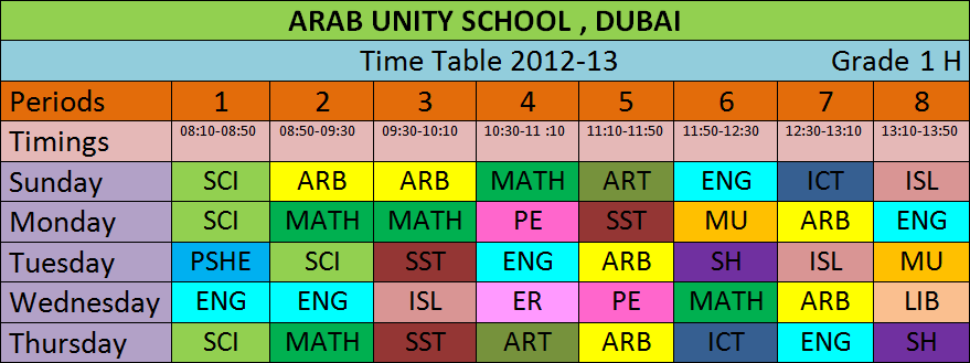 Arab Unity School | Grade 1: Time Table