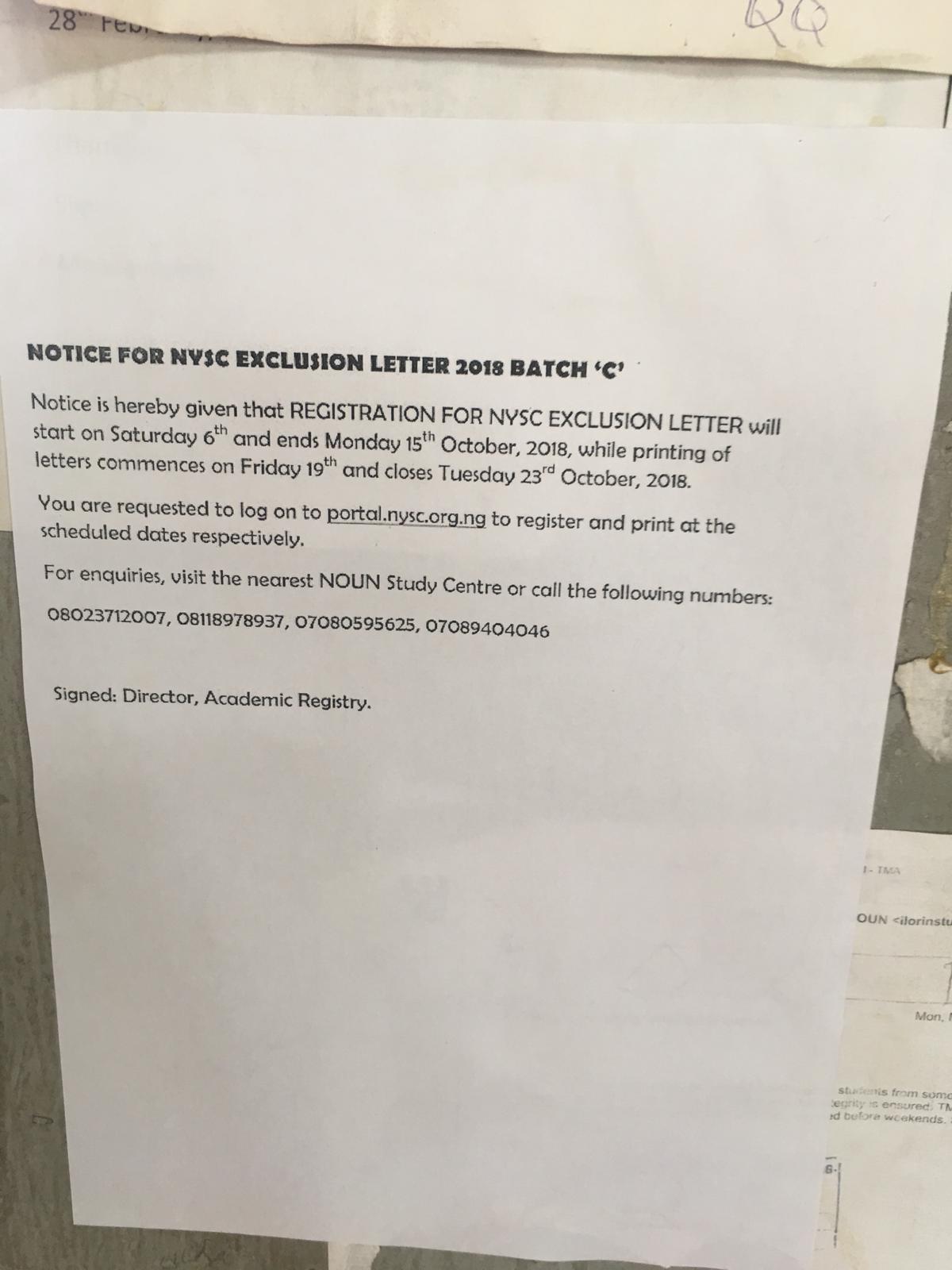 Notice To All Students - NYSC Exclusion Letter Batch "C" - NOUN INFORMATION