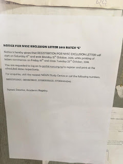 Notice To All Students - NYSC Exclusion Letter Batch "C" - NOUN INFORMATION