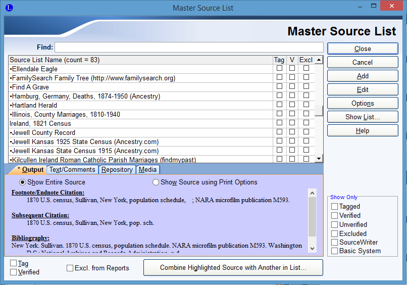 FamGenealogy : Writing Master Source Names in Legacy Family Tree