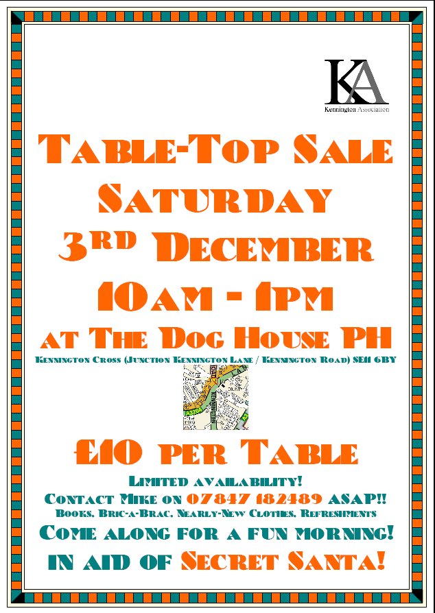 Kennington News: Reminder: Table Top Sale @ Sat 3 Dec 10:00 - 13:00