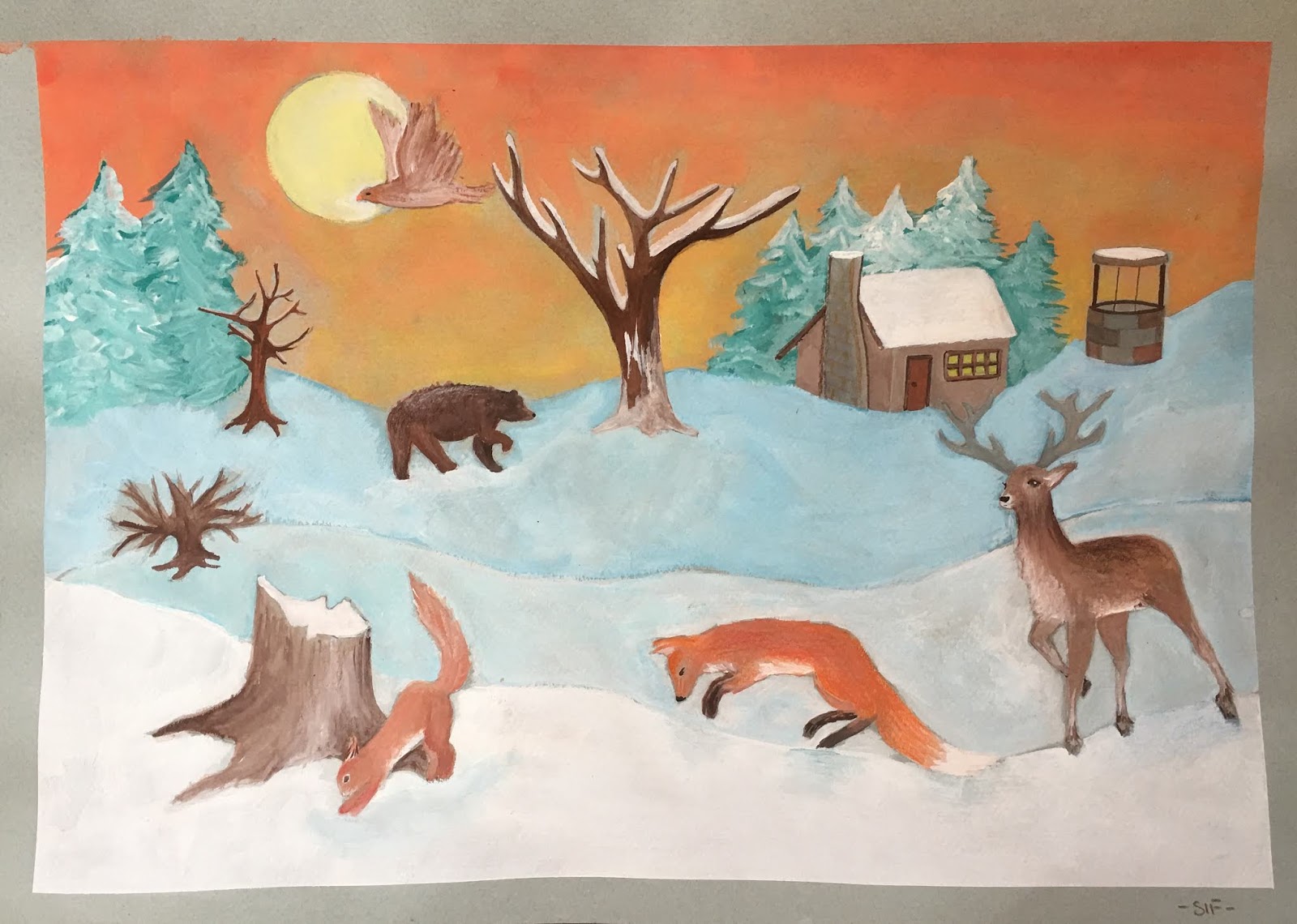 Art Room Britt: Winter Landscape with Animals in Motion - Gouache and ...