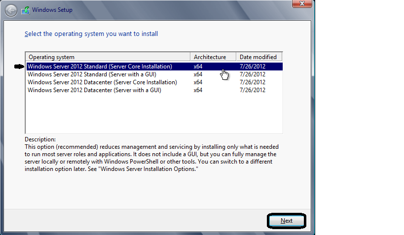 Windows 2012 Server Standard Edition Installation with Core mode.