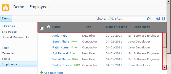 Amit Phule Sharepoint 2010 Jquery List Scrolling View With Frozen Header
