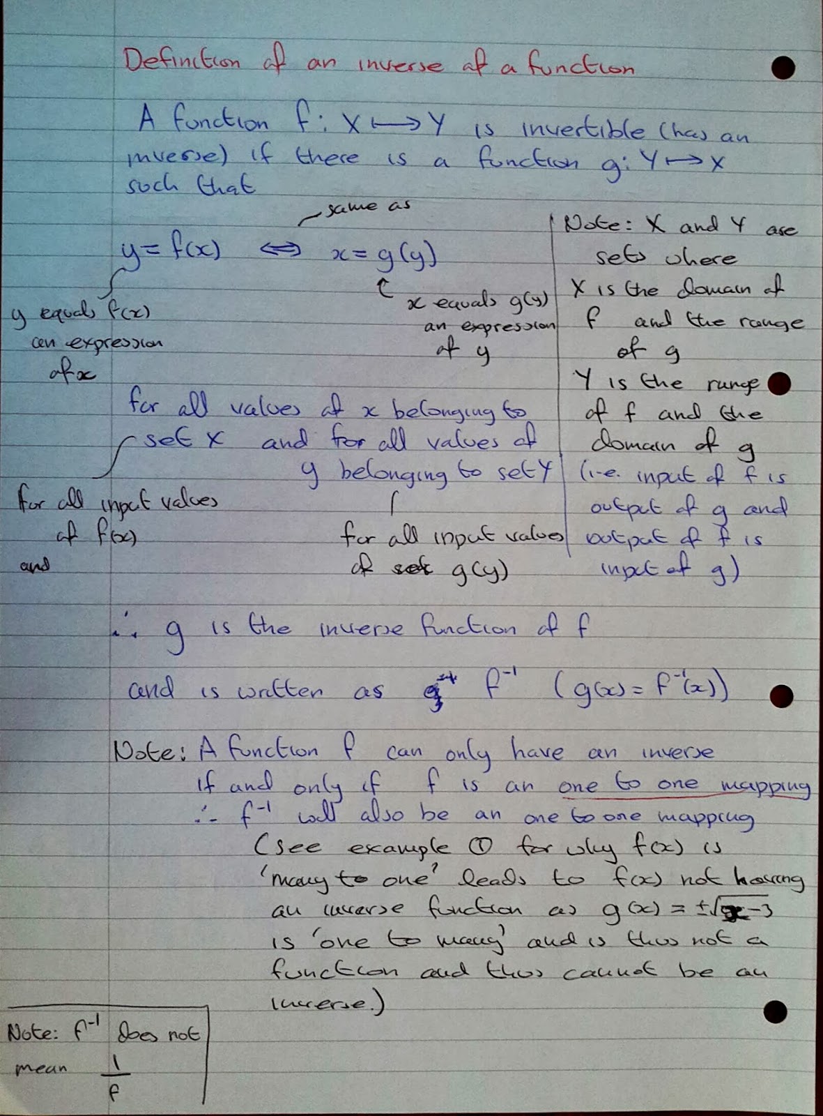 A Level Maths Notes: A2 - Inverse function: Definition