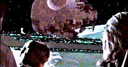 Death Star from the cockpit of the Millennium Falcon in Return of the Jedi