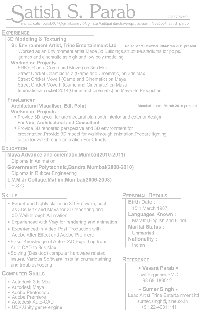 Resume Sample For 3d Visualizer