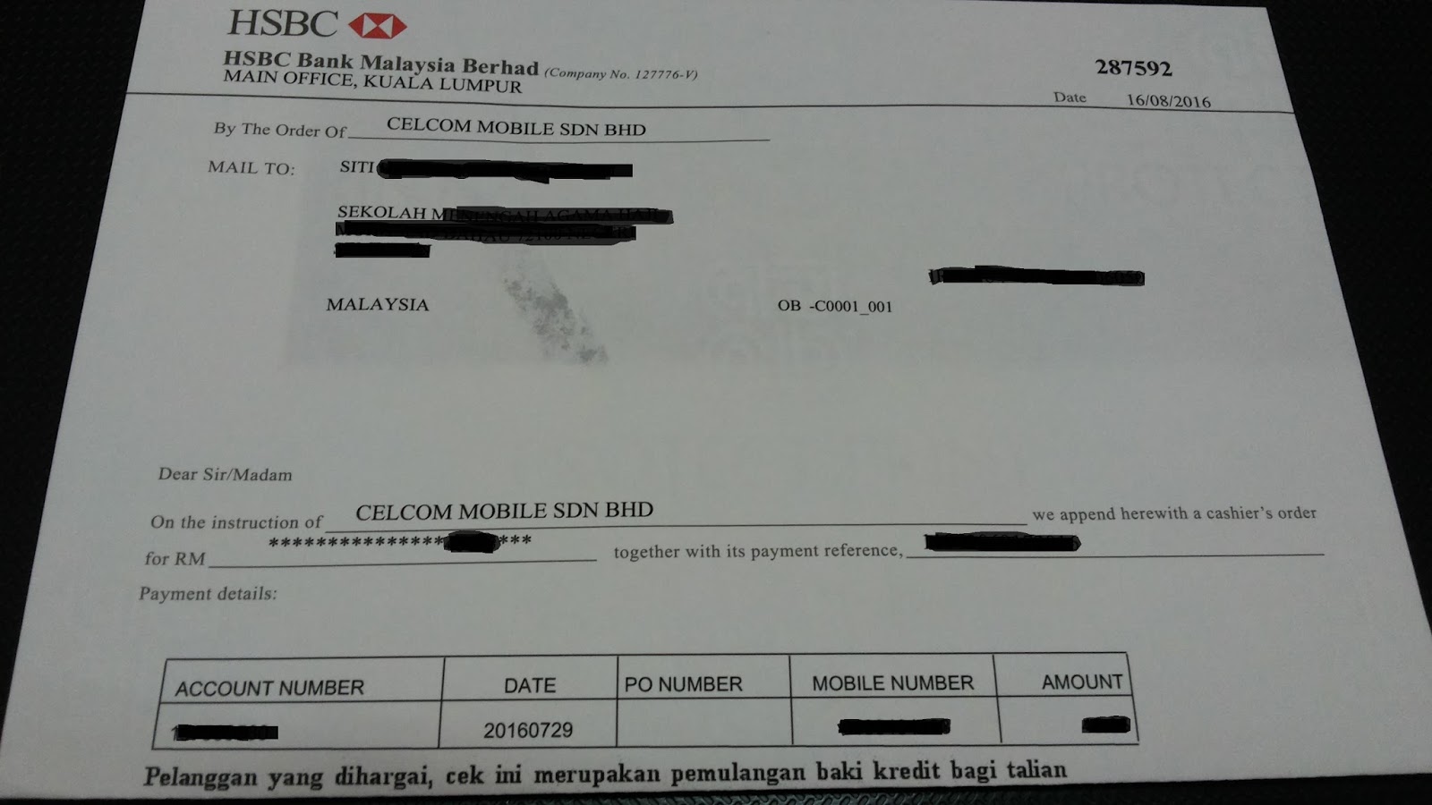Cikgu Siti Hazreen: Cek HSBC dari Celcom Buat Kali Ke-2