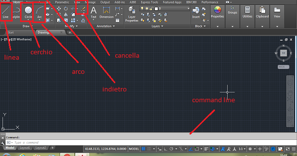 Comandi CAD line/circle/erase/arc