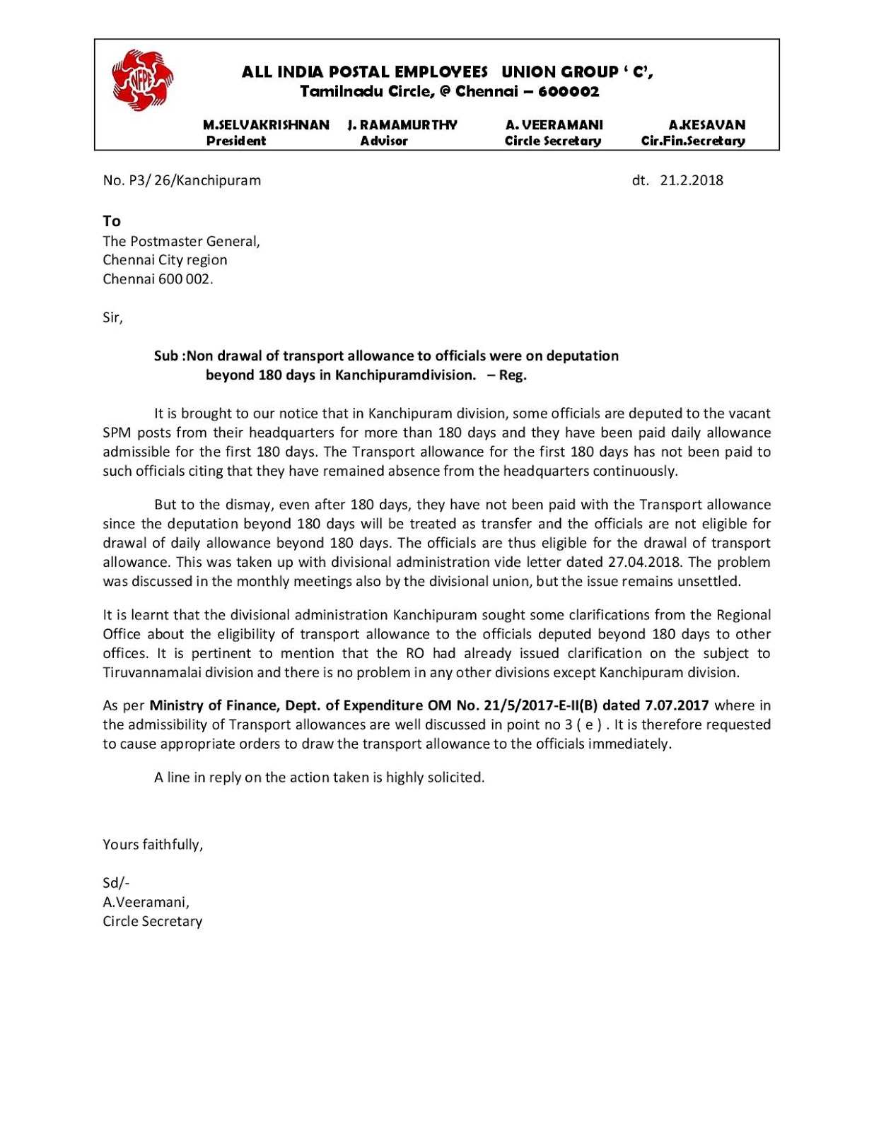 ALL INDIA POSTAL EMPLOYEES UNION GROUP C, TN CIRCLE, CHENNAI 600 002 ...