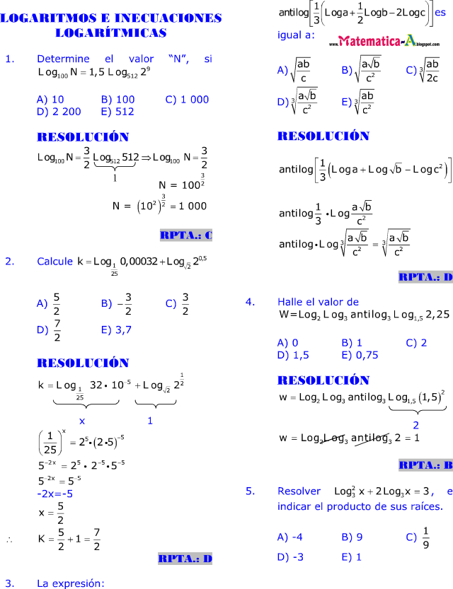 LOGARITMOS E INECUACIONES LOGARÍTMICAS EJERCICIOS DESARROLLADOS ...