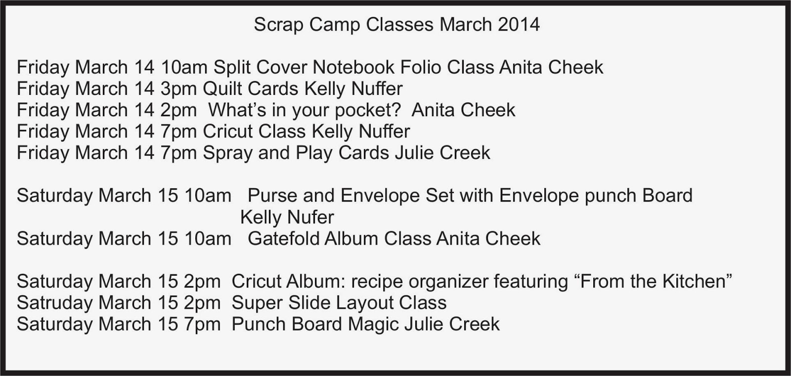 Scrap Camp Master list of Classes - Creek Bank Creations