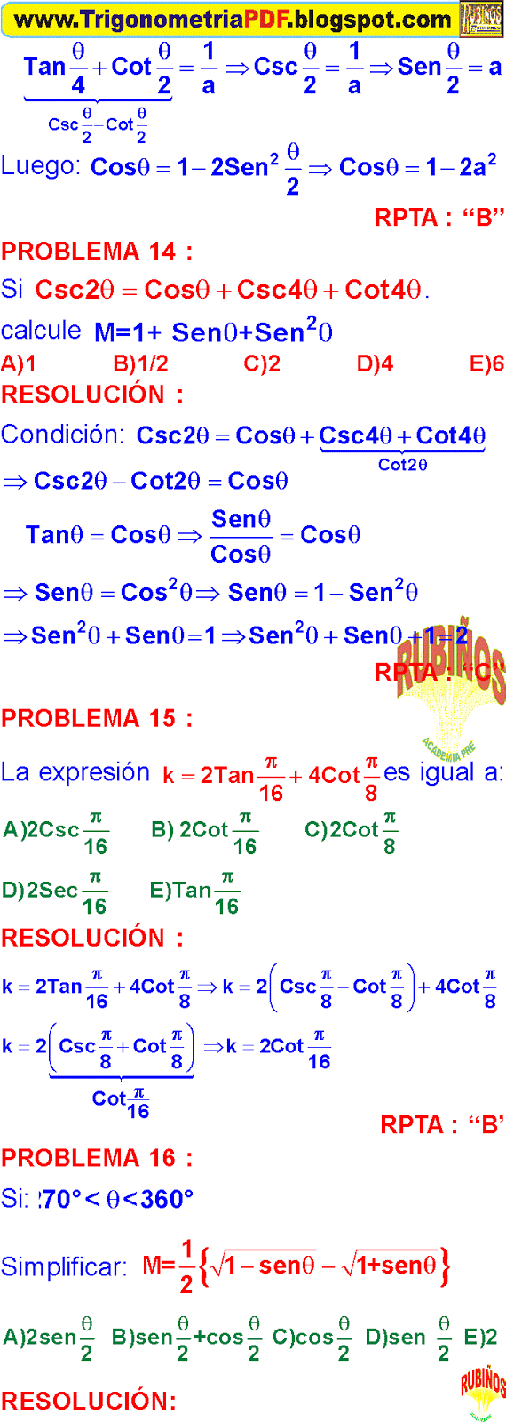 IDENTIDADES DEL ANGULO MITAD EJERCICIOS RESUELTOS DE TRIGONOMETRIA PDF