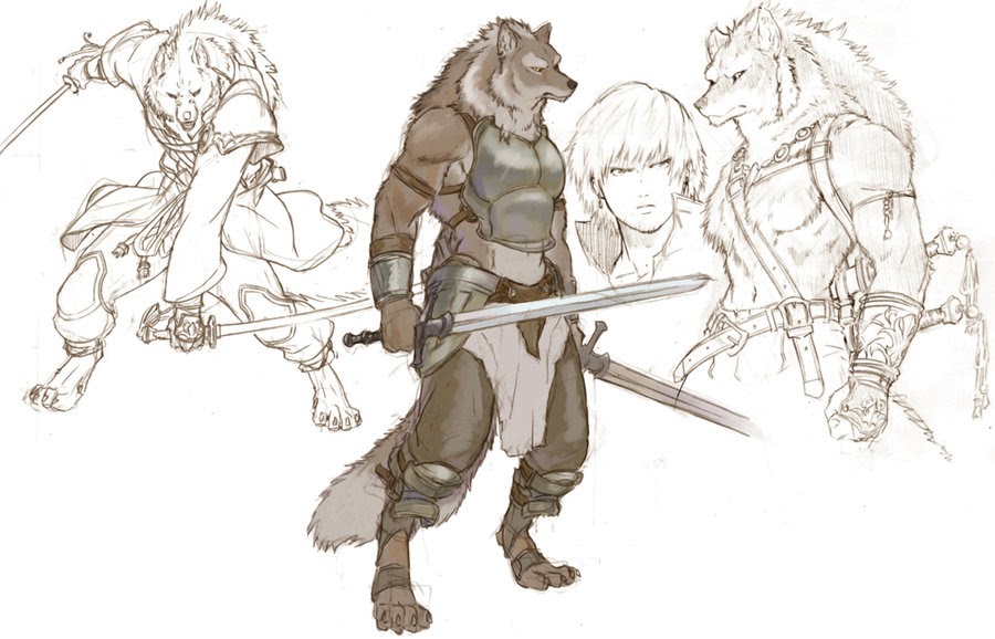 The wolf den: Werewolf - B&W and colour, armored werewolf with swords ...