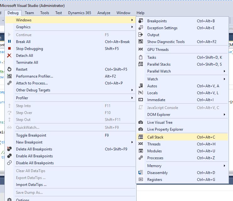 Microsoft Dynamics AX: Call stack window missing in Visual Studio D365FO