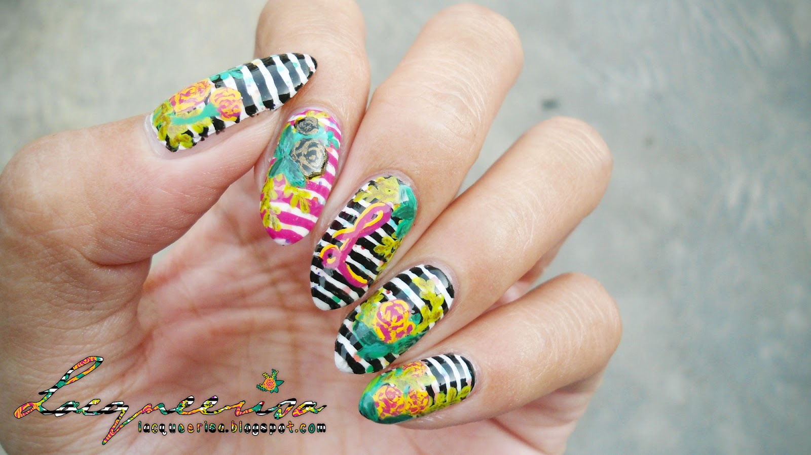 Lacqueerisa: Striped Floral Monogram Nails