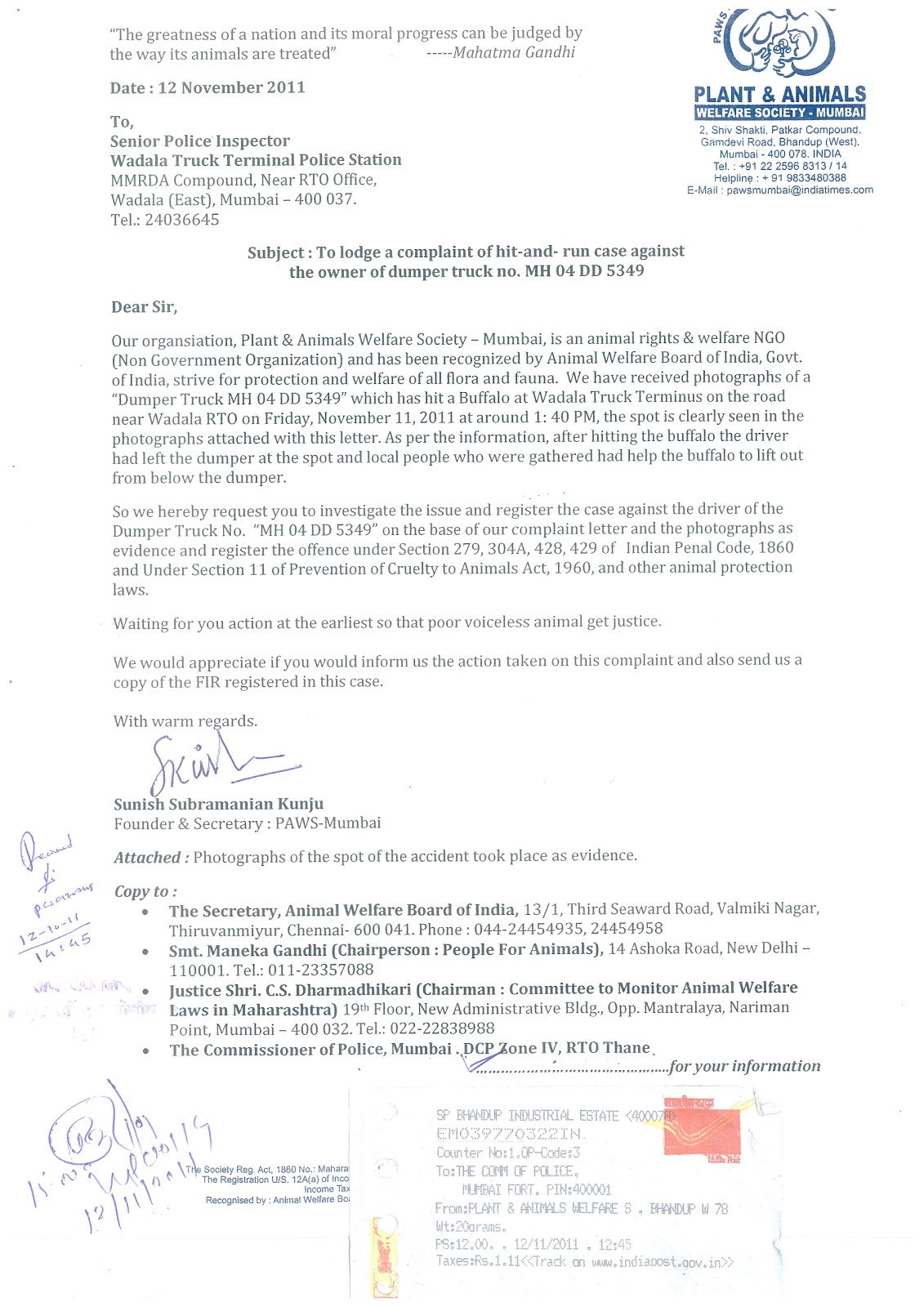 PAWS-Mumbai Press Kit Update: Dumper truck no. MH 04 DD 5349 hit ...