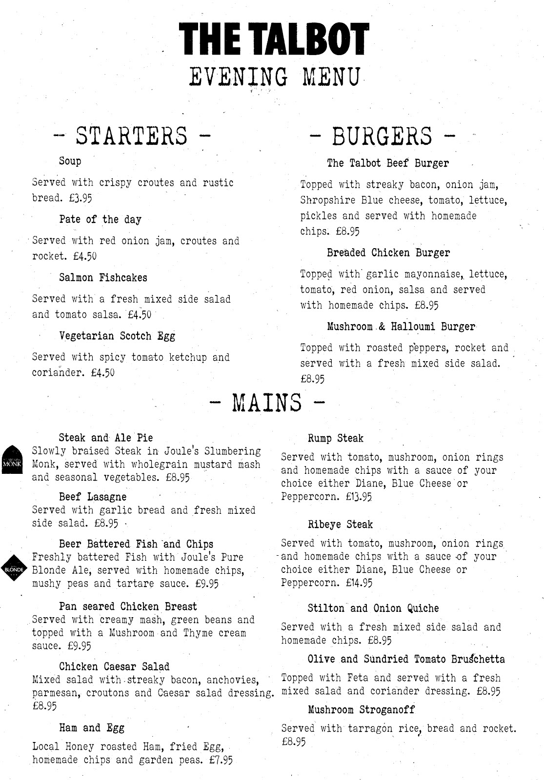 Yoland's eMails: Talbot Inn Dinner and Light Bite menus