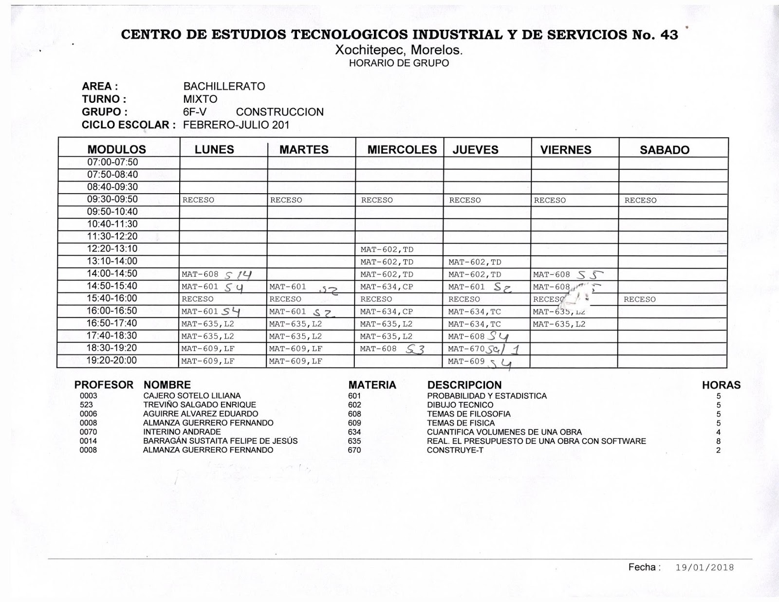 CETis 43 : HORARIOS 6TO SEMESTRE