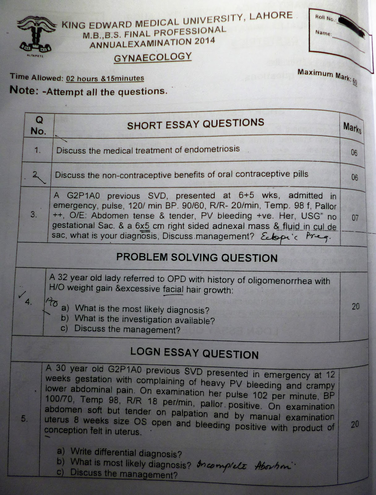 Final Year Gynecology Past Papers