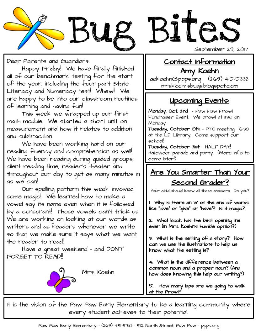 Bug Bites Weekly Newsletter ~ Mrs. Koehn's B.U.G.S.