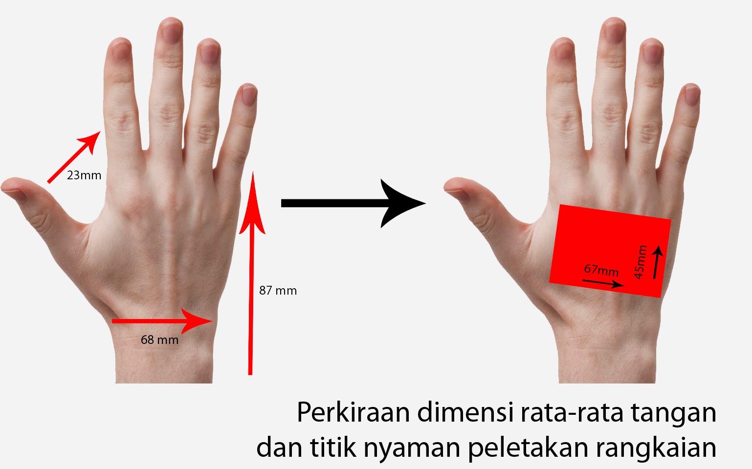 Dimensi rata-rata tangan serta titik nyaman peletakan rangkaian arduino ...