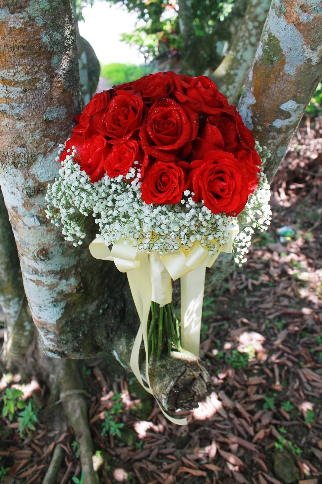 Bunga Tangan Rose / Bridal Bouquet Red Rose & Baby Breath ...