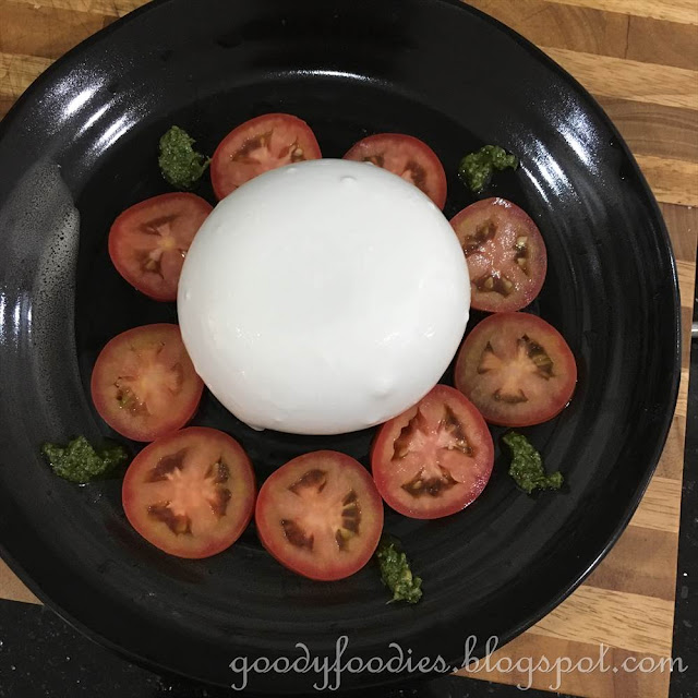 GoodyFoodies: Recipe: Burrata Cheese with Roma Tomatoes, Basil Pesto ...