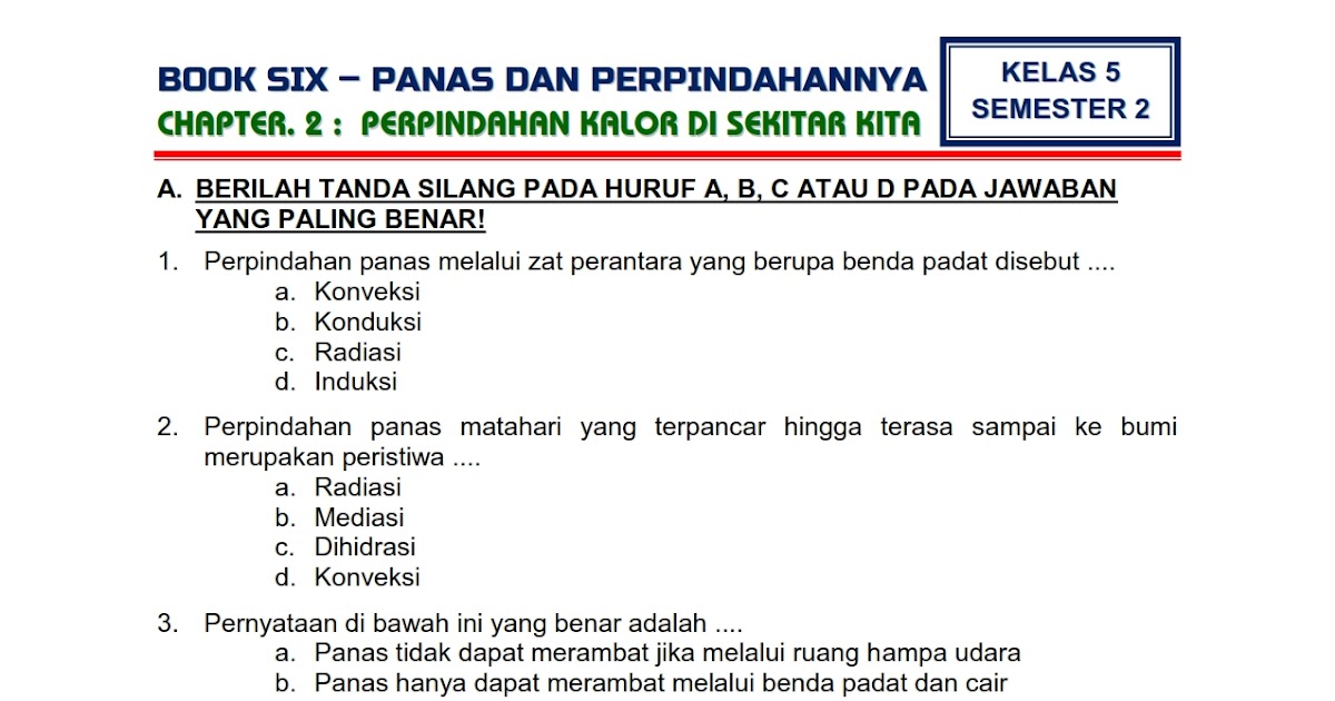 Download Soal Tematik Kelas 5 Semester 2 Tema 6 Subtema 2 Panas Dan
