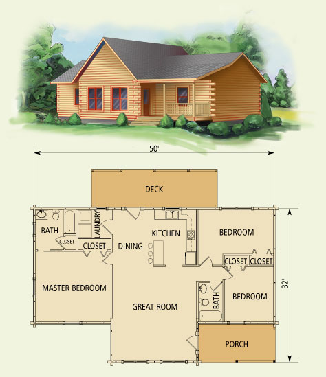 Ranch Style Log Home Floor plan with truss roof system | 1344 sq.ft ...