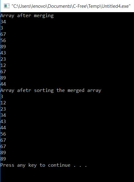 All C Programs: Program 120:To merge Two Arrays in sorted order