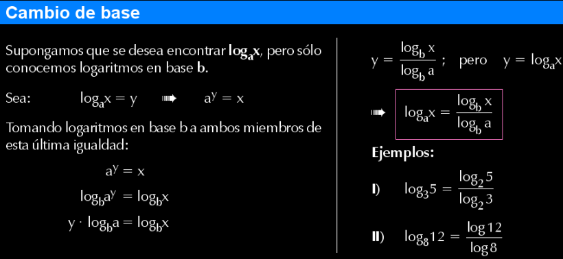 CAMBIO DE BASE EN LOS LOGARITMOS EJEMPLOS Y EJERCICIOS RESUELTOS