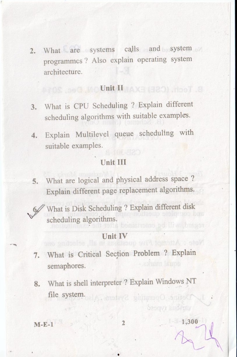Operating System Question Paper CSE-301-B - B.Tech CSE