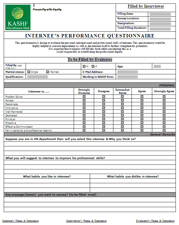 Internee’s Performance Questionnaire Format | ArtashGroup